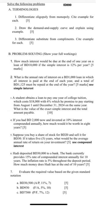 Solved Solve the following problems 10890 A. TERMINOLOGIES | Chegg.com