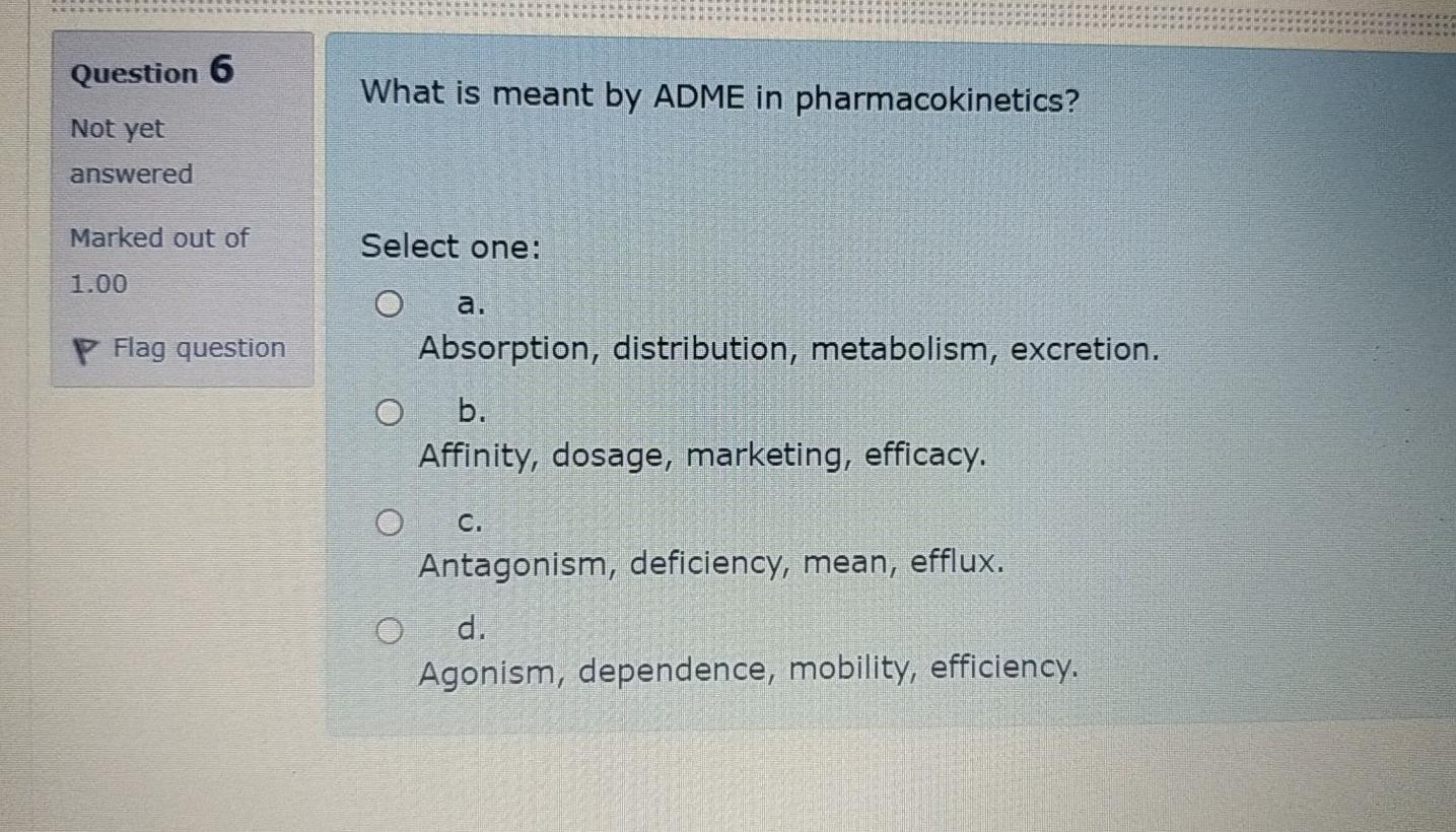Solved Question 6 What is meant by ADME in pharmacokinetics? | Chegg.com