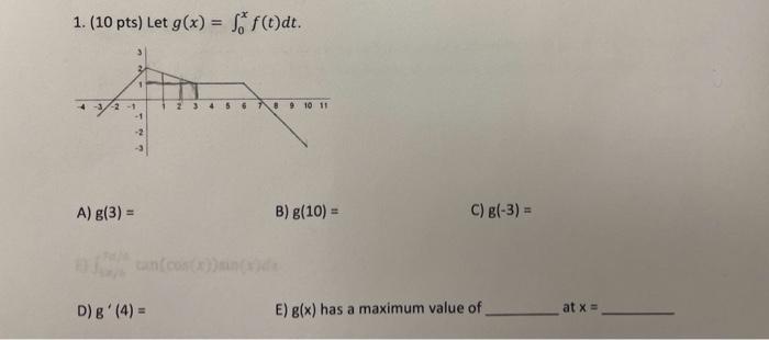 Solved 1. (10 pts) Let g(x) = integral 0 to X f(t)dt. A) | Chegg.com