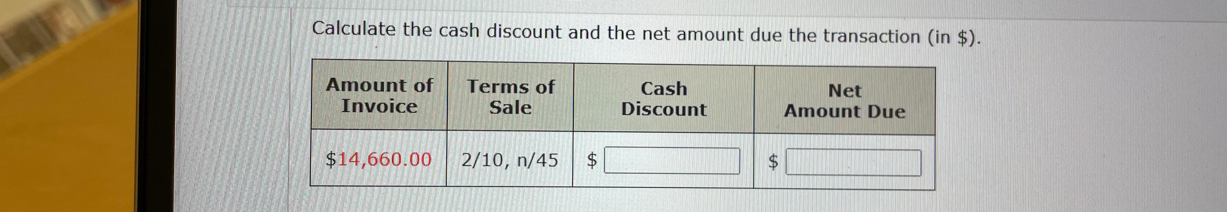 Solved Calculate the cash discount and the net amount due | Chegg.com