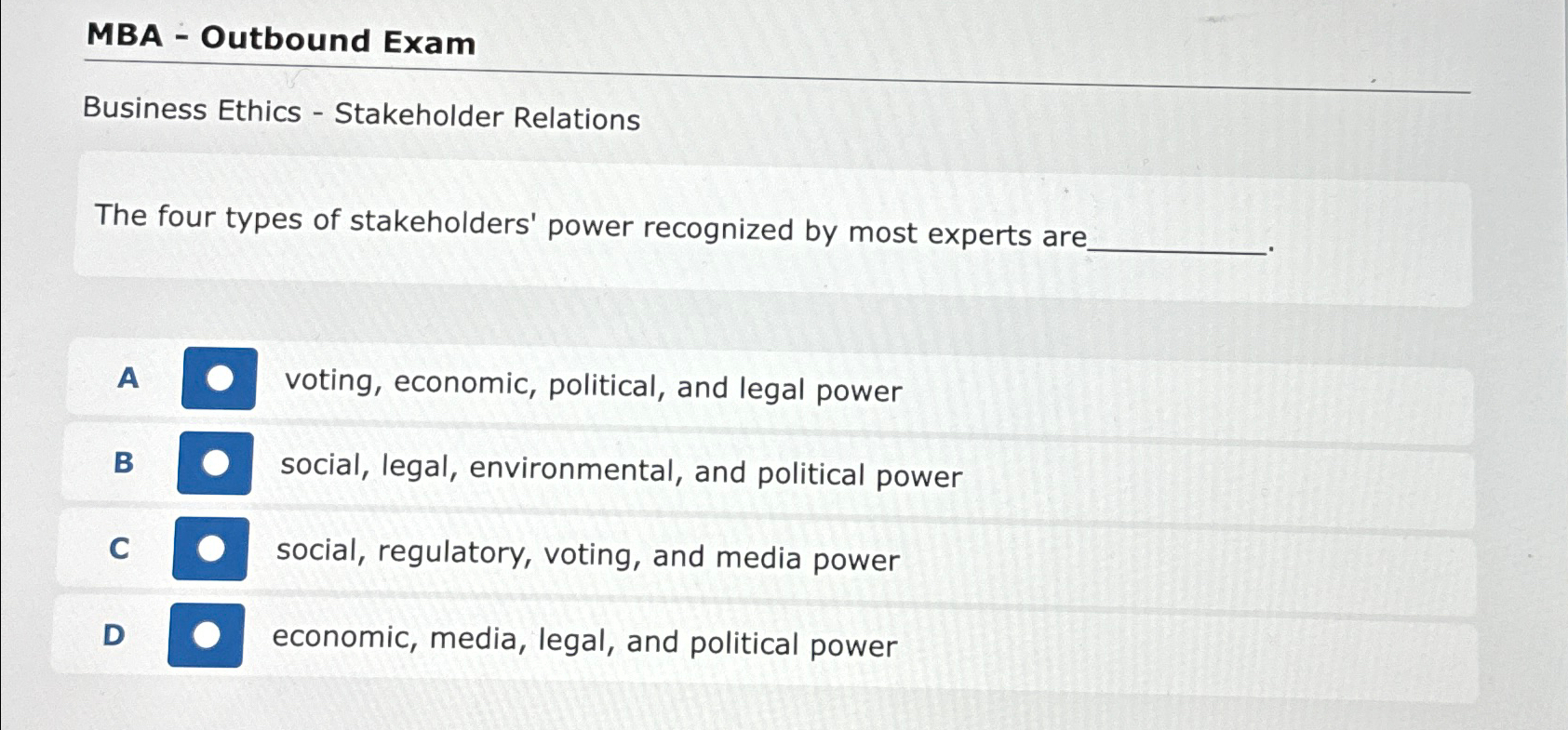 Solved MBA - ﻿Outbound ExamBusiness Ethics - ﻿Stakeholder | Chegg.com