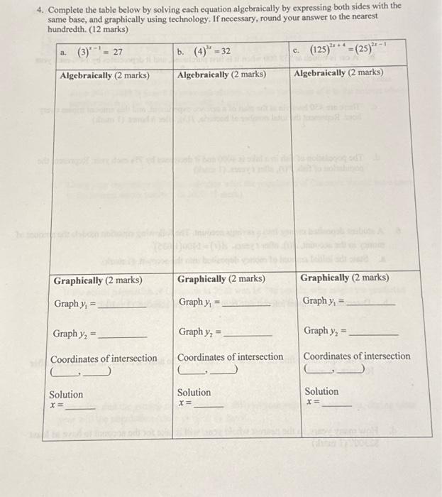 Solved 4. Complete the table below by solving each equation | Chegg.com