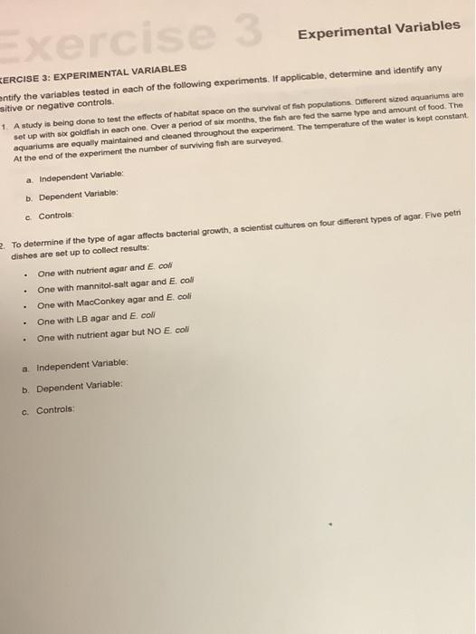 Solved Exercise 3 Experimental Variables KERCISE 3: | Chegg.com