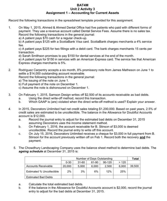 Solved 3. BAT4M Unit 2 Activity 3 Assignment 1 - Accounting | Chegg.com