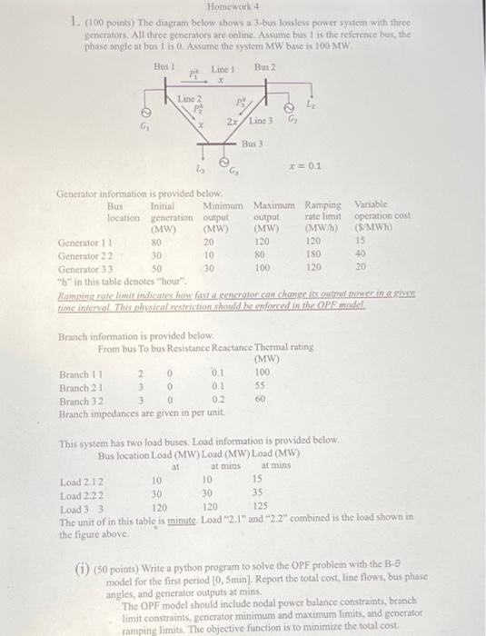 1. (100 points) The diagram below shows a 3 -bus | Chegg.com