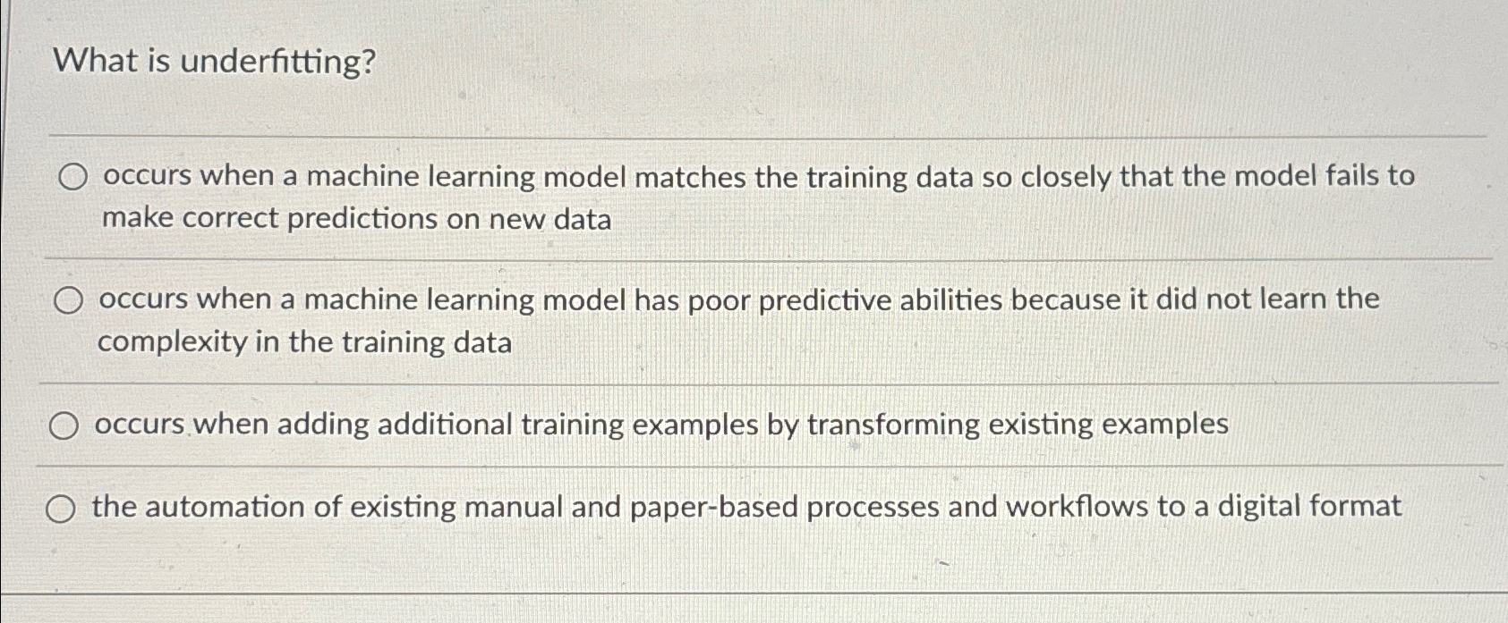 Solved What is underfitting?occurs when a machine learning | Chegg.com