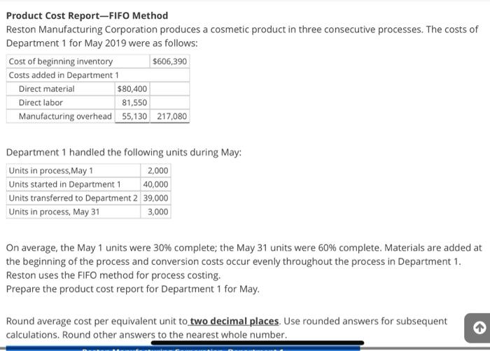 Solved Product Cost Report-FIFO Method Reston Manufacturing | Chegg.com