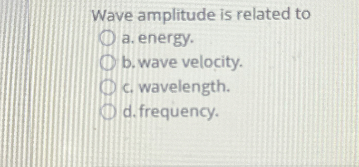 Solved Wave amplitude is related toa. ﻿energy.b. ﻿wave | Chegg.com