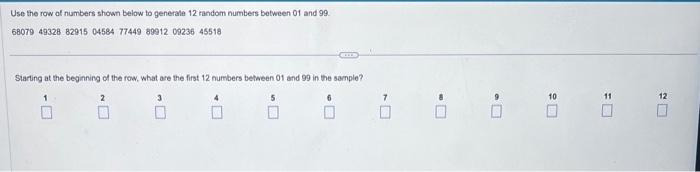 Solved Use the row of numbers shown below to generale 12 | Chegg.com