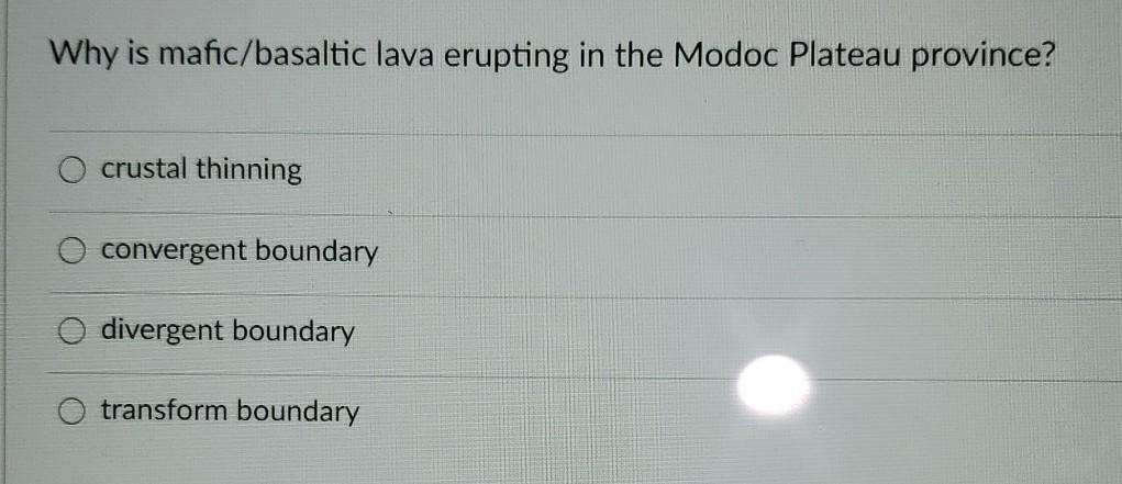 Solved Why is mafic/basaltic lava erupting in the Modoc | Chegg.com