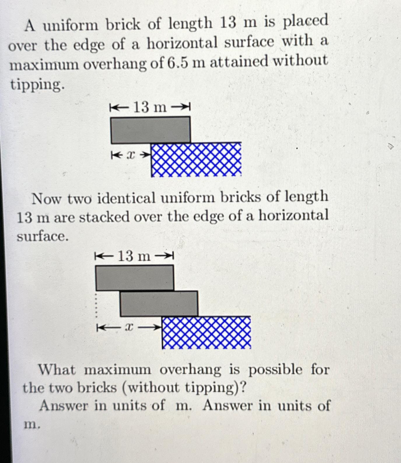 Solved A uniform brick of length 13m ﻿is placed over the | Chegg.com