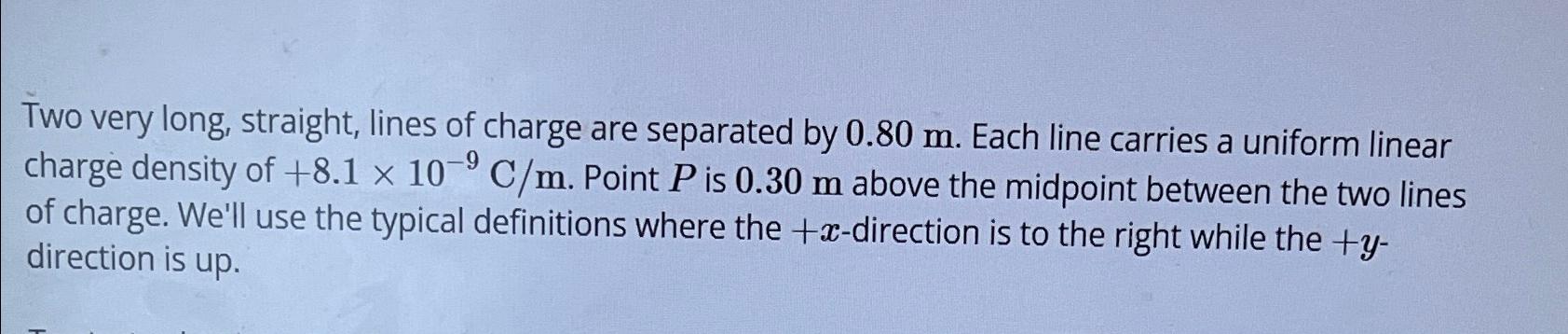 Solved Two very long, straight, lines of charge are | Chegg.com