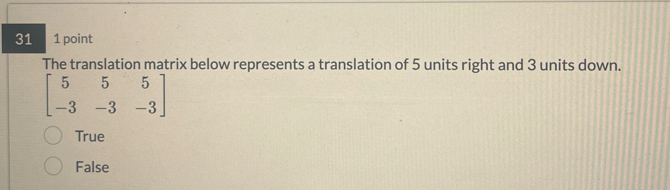 Solved 311 ﻿pointThe translation matrix below represents a | Chegg.com