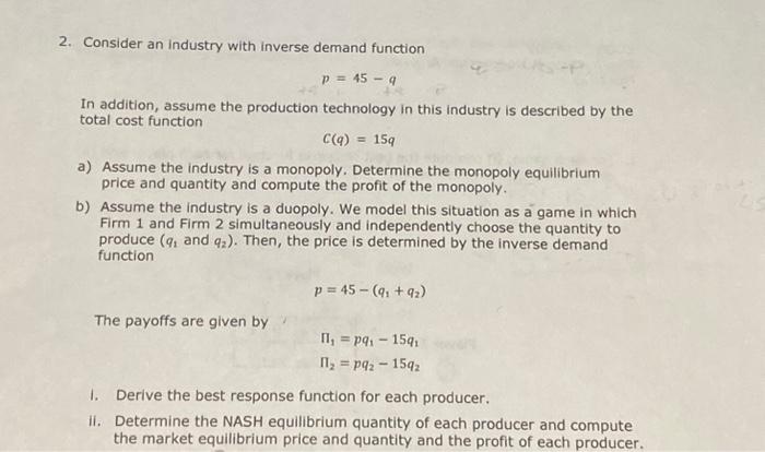 Solved 2. Consider an industry with inverse demand function | Chegg.com