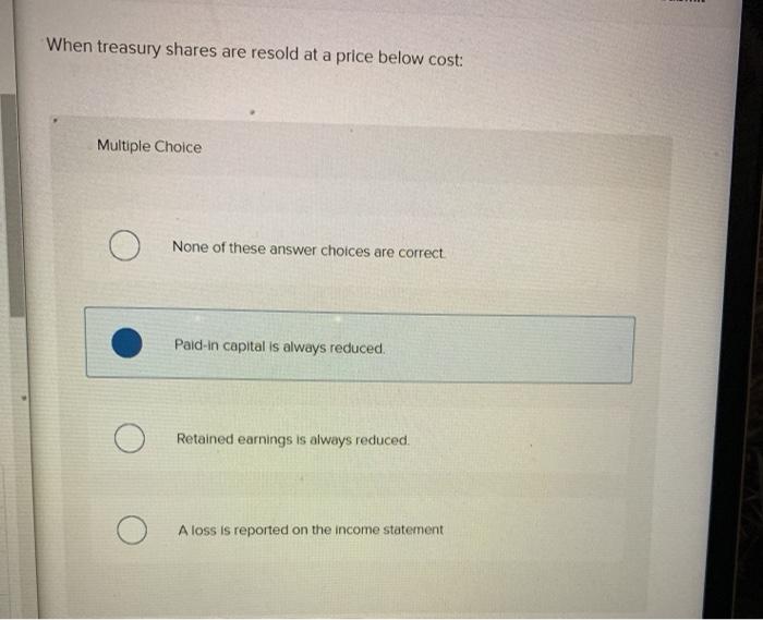 Solved When treasury shares are resold at a price below | Chegg.com