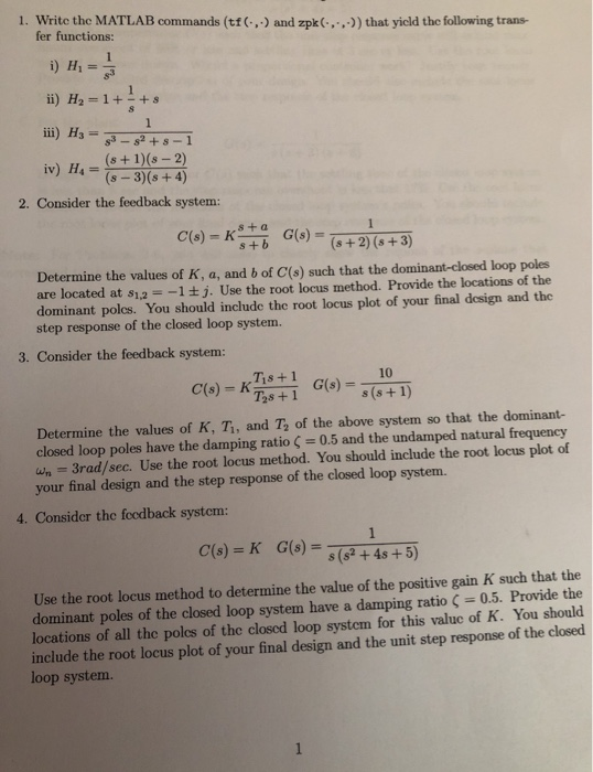 Solved 1 Write The Matlab Commands Tf And Zpk