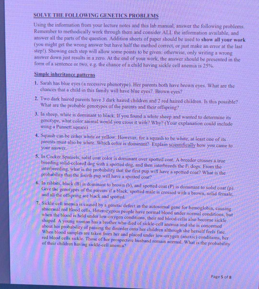 Solved SOLVE THE FOLLOWING GENETICS PROBLEMS Using the | Chegg.com