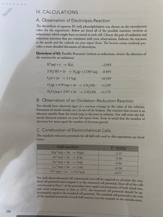 Solved Notes IV. CALCULATIONS A. Observation of Electrolysis | Chegg.com