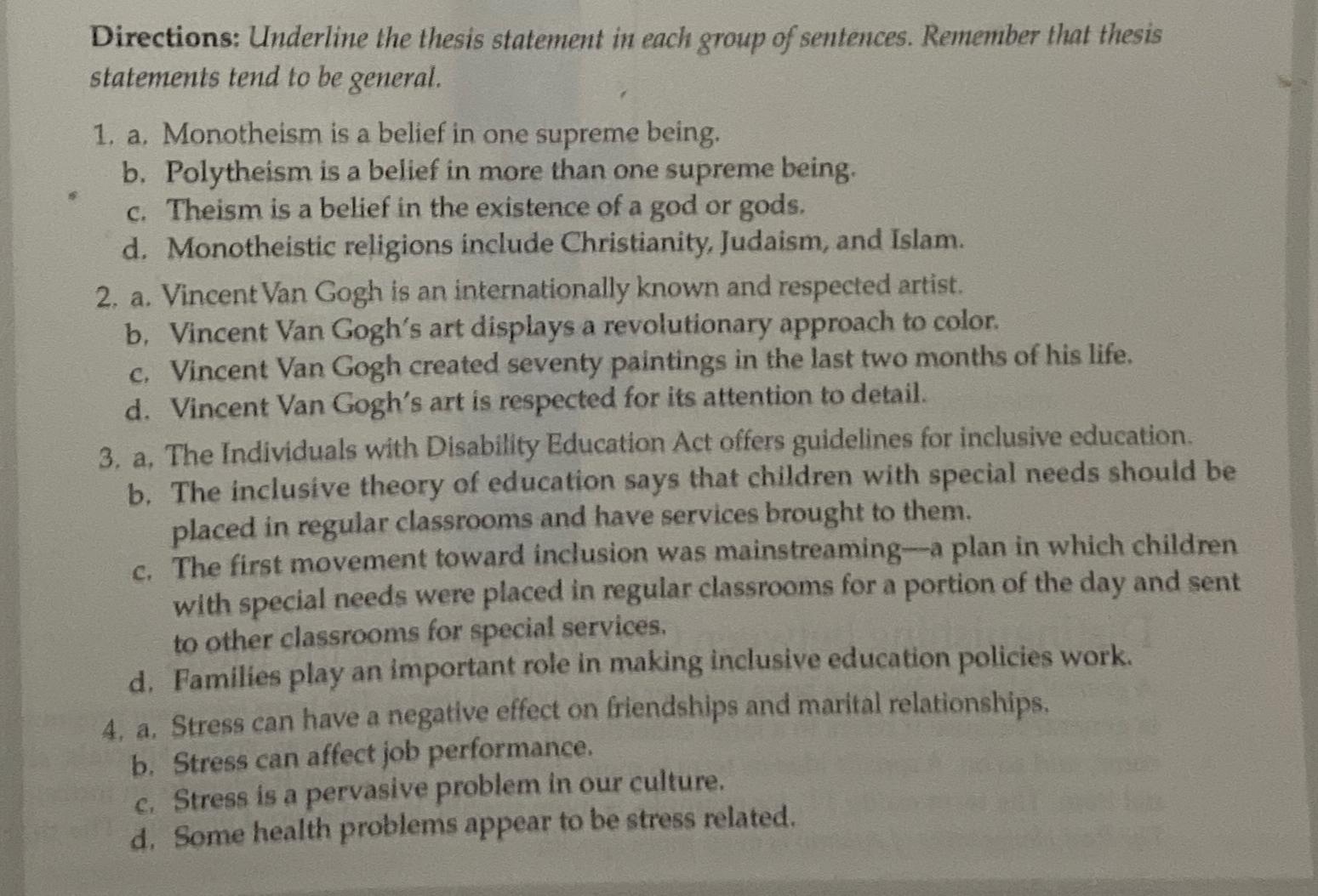 Solved Directions: Underline the thesis statement in each | Chegg.com