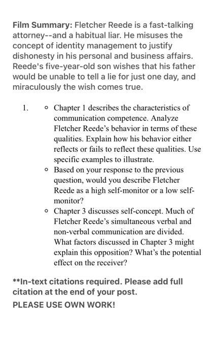 Solved Film Summary: Fletcher Reede is a fast-talking | Chegg.com