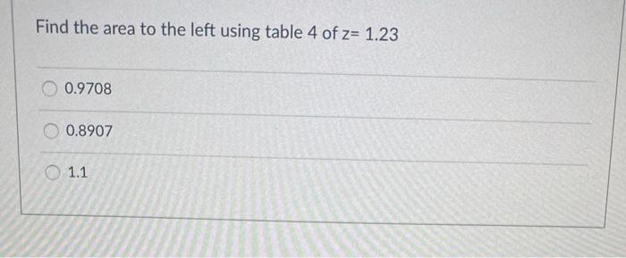 Solved Find the area to the left using table 4 of z= 1.23 | Chegg.com