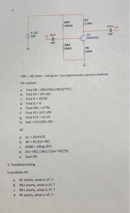 2. C. d. e. f. V_CC 12V Find VB = (RB2/(Rb1+Rb2))*VCC | Chegg.com
