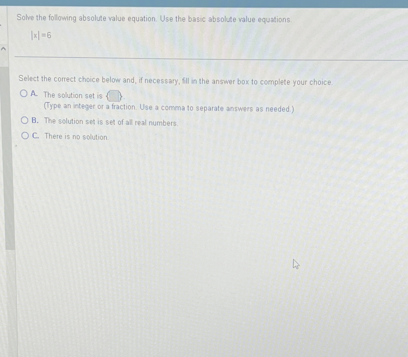 Solved Solve the following absolute value equation. Use the | Chegg.com