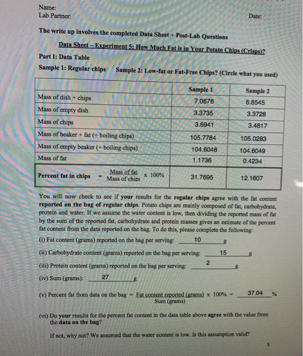 Solved Name: Lab Partner: Date: The write up involves the | Chegg.com