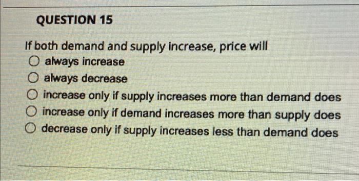 Solved QUESTION 15 If both demand and supply increase, price | Chegg.com