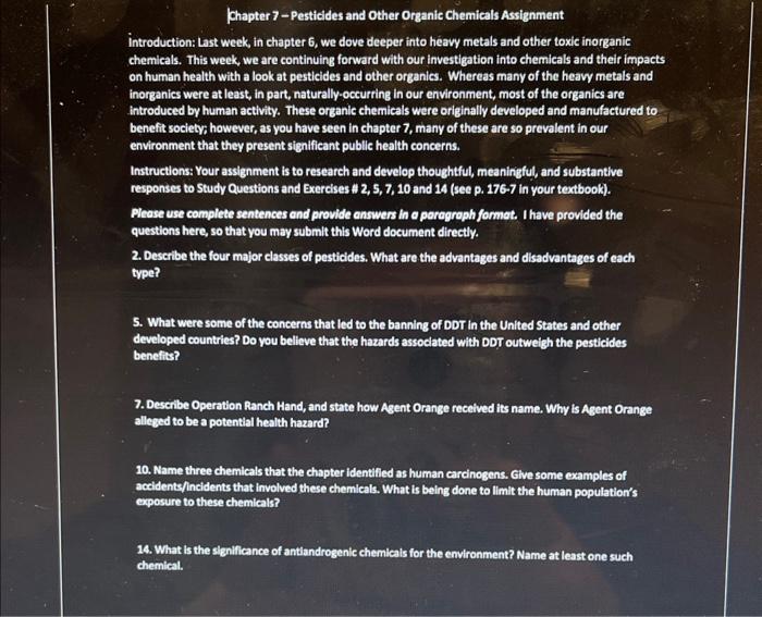 Solved Whapter 7-Pesticides and Other Organic Chemicals | Chegg.com