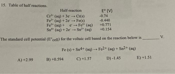 Solved 15. Table of half reactio- The standard cell | Chegg.com