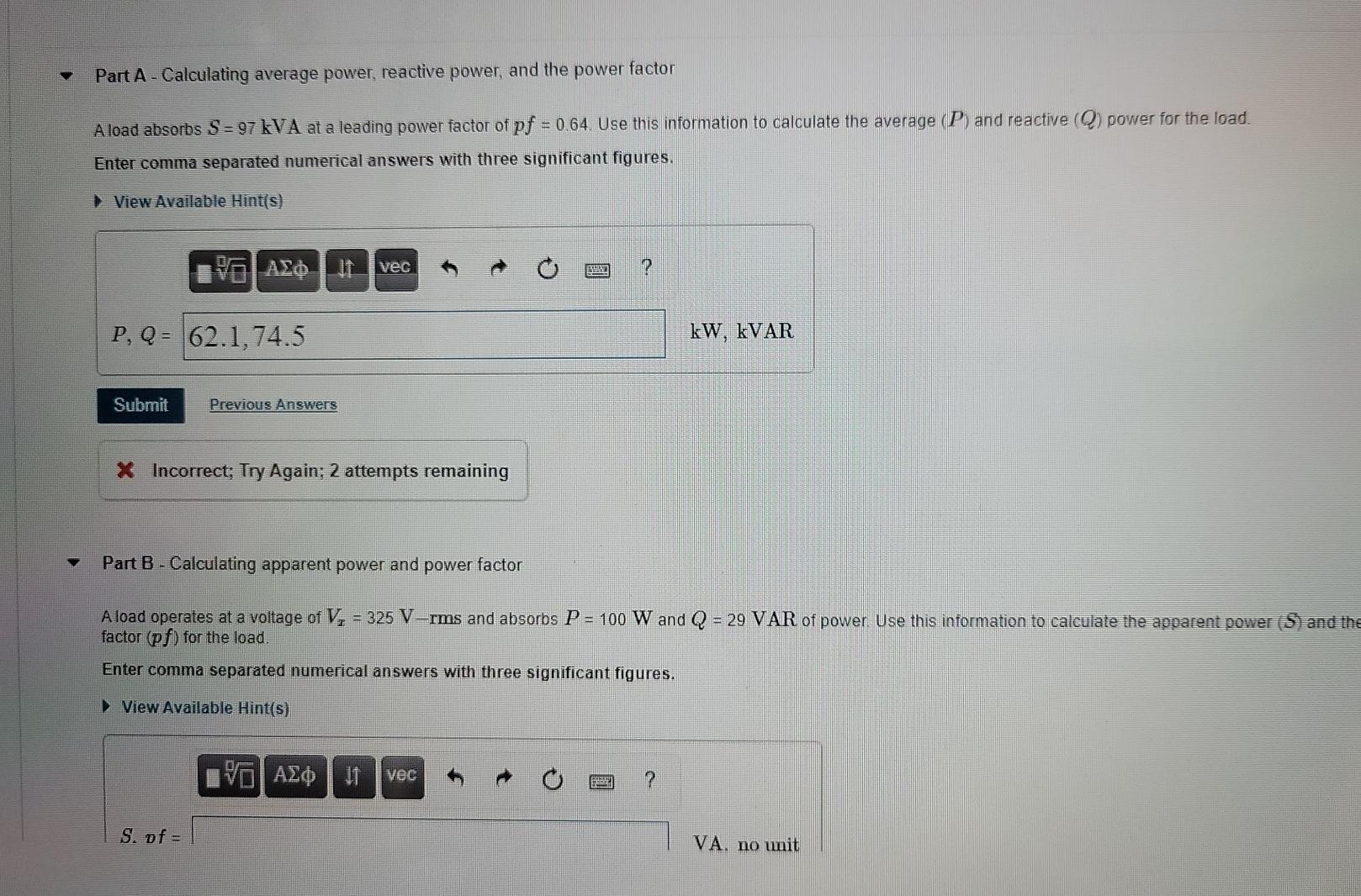 Solved Part A - Calculating average power, reactive power, | Chegg.com