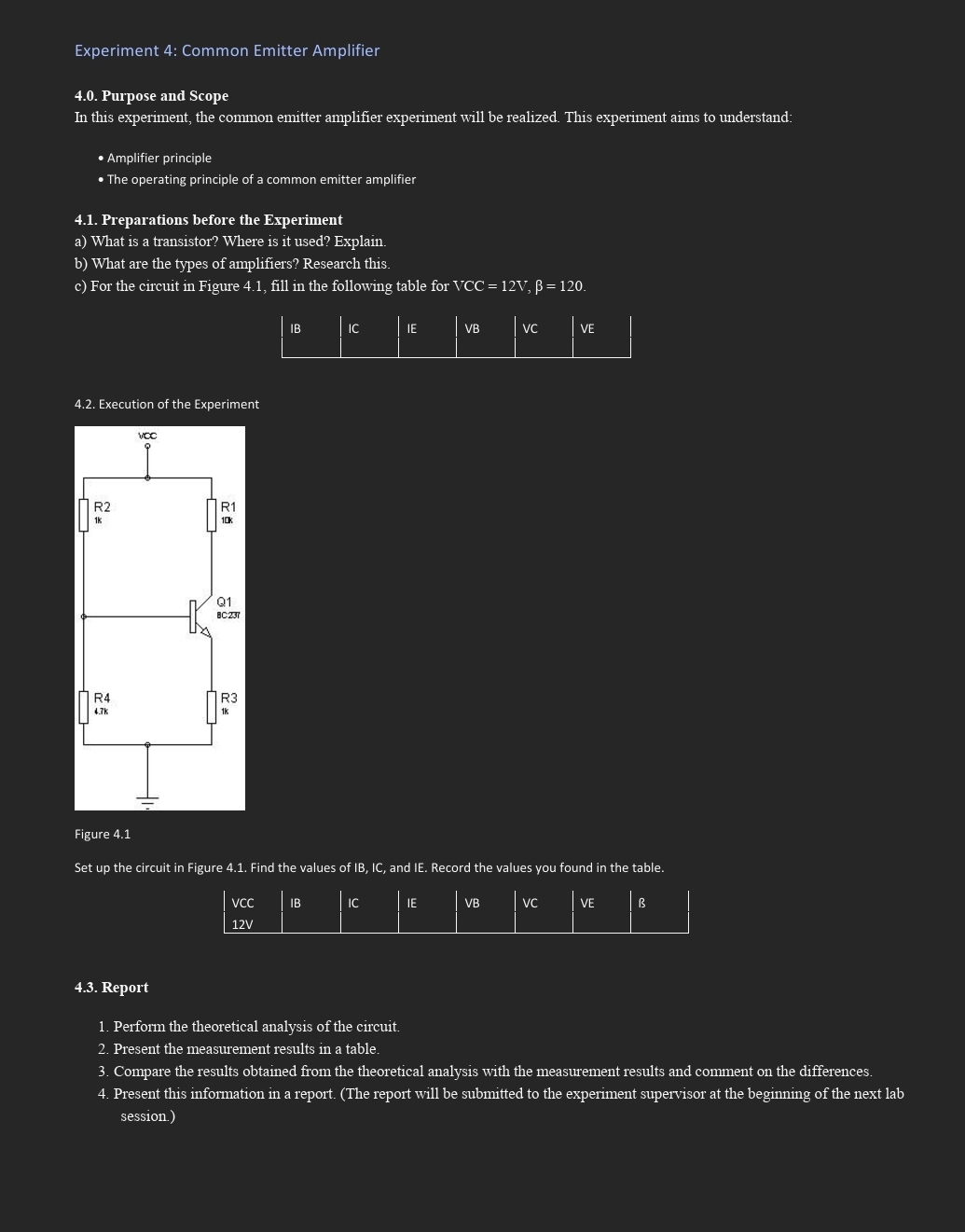 Solved Experiment 4: Common Emitter Amplifier4.0. ﻿Purpose | Chegg.com