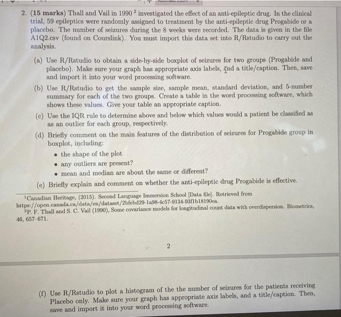 2. ( 15 marks) Thall and Vail in \( 1990^{2} \) | Chegg.com