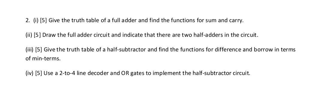 Solved 2. (i) [5] Give the truth table of a full adder and | Chegg.com