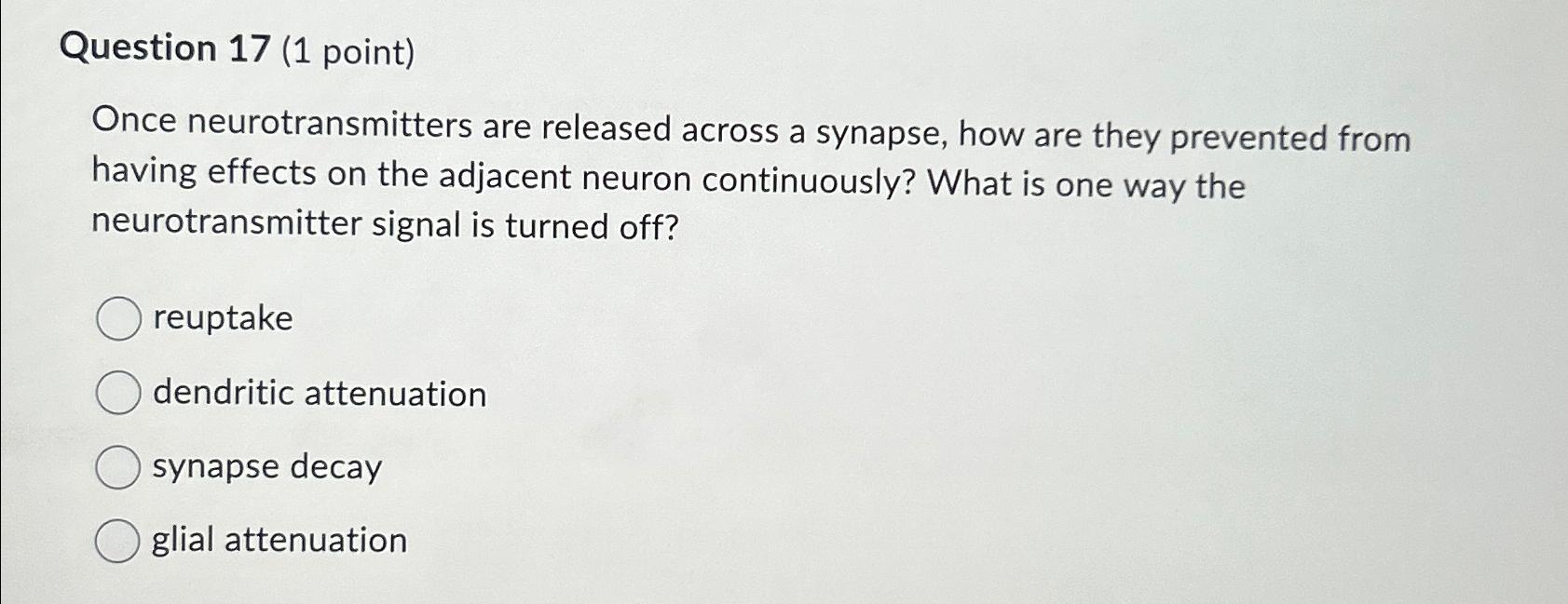 Solved Question 17 (1 ﻿point)Once neurotransmitters are | Chegg.com