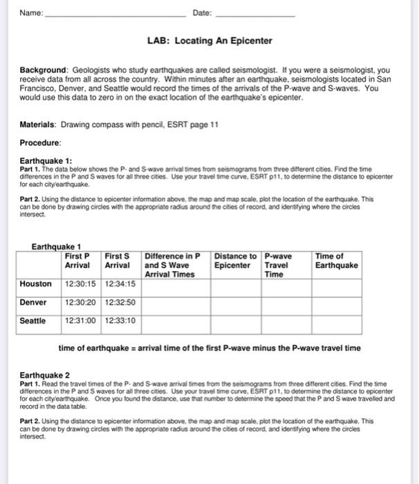 Solved Name: Date: LAB: Locating An Epicenter Background: | Chegg.com