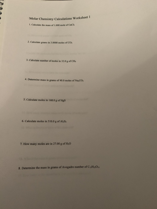 Solved Molar Chemistry Calculations Worksheet 1 1. Calculate | Chegg.com