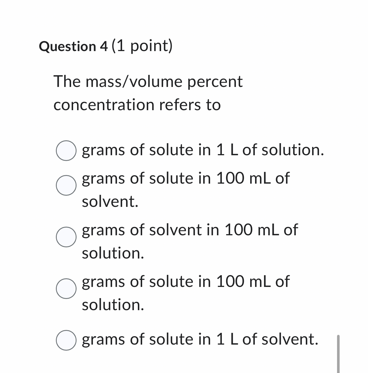 Solved Question 4 (1 ﻿point)The mass/volume percent | Chegg.com