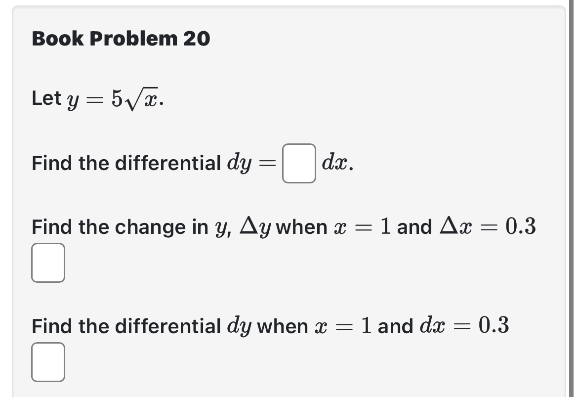 Solved Book Problem 20Let y=5x2.Find the differential | Chegg.com