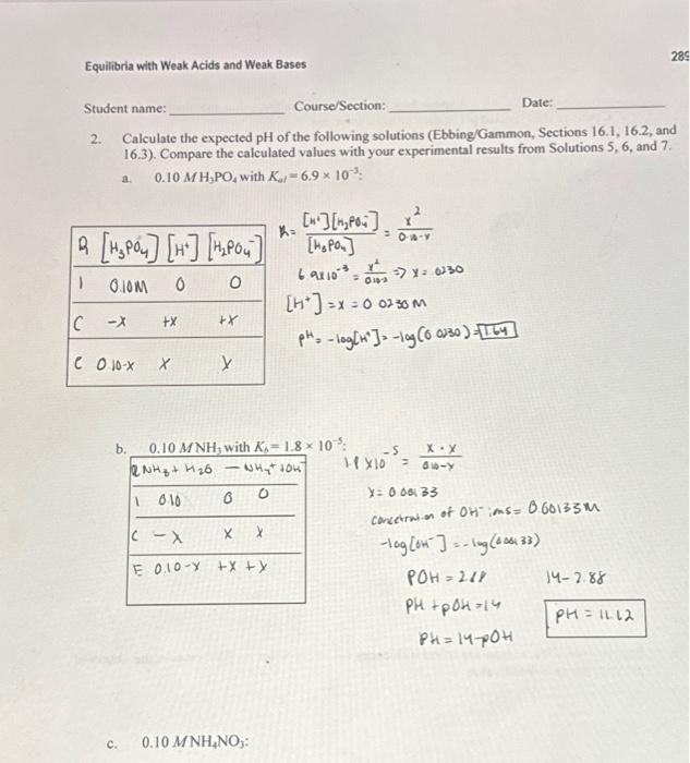 Solved 2. Calculate the expected pH of the following | Chegg.com