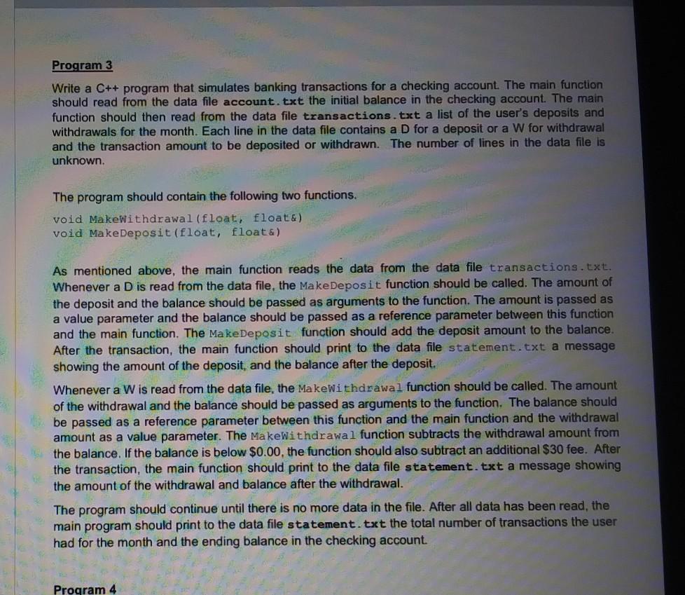 Solved Program 3 Write a C++ program that simulates banking | Chegg.com