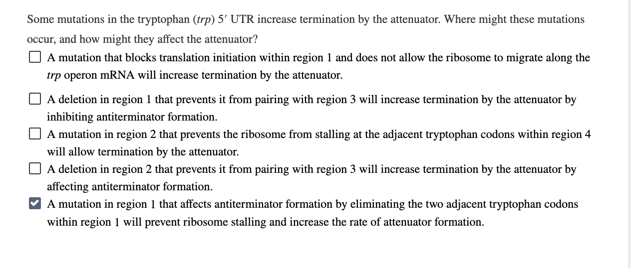 Solved Some mutations in the tryptophan (trp) 5' ﻿UTR | Chegg.com