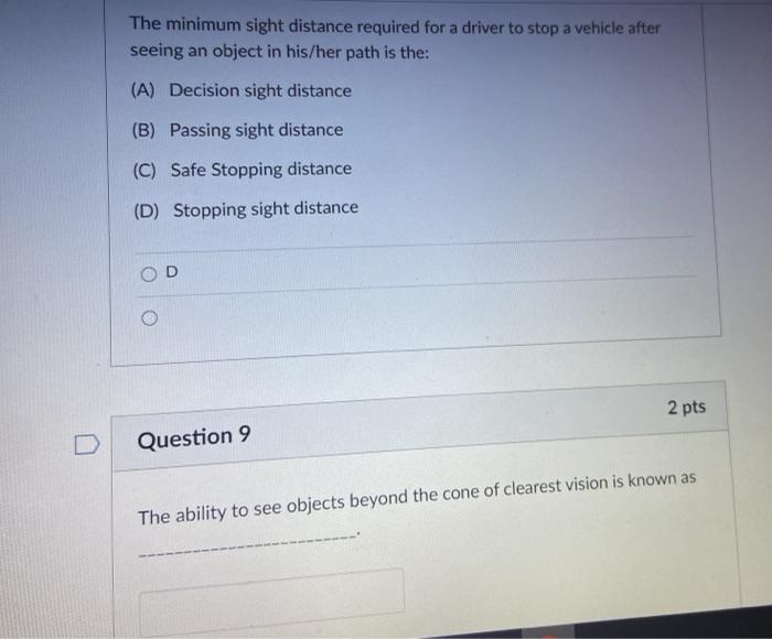 Solved The minimum sight distance required for a driver to | Chegg.com
