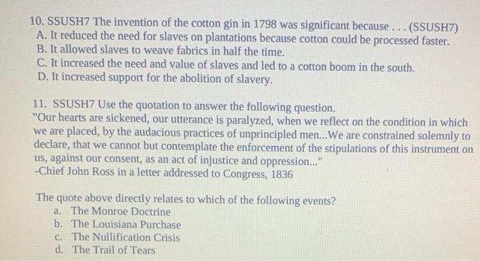 Solved 10. SSUSH7 The invention of the cotton gin in 1798 | Chegg.com
