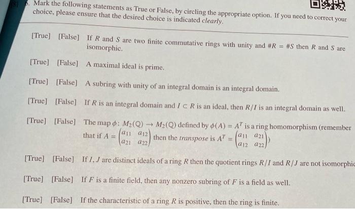 Solved Mark the following statements as True or False, by | Chegg.com