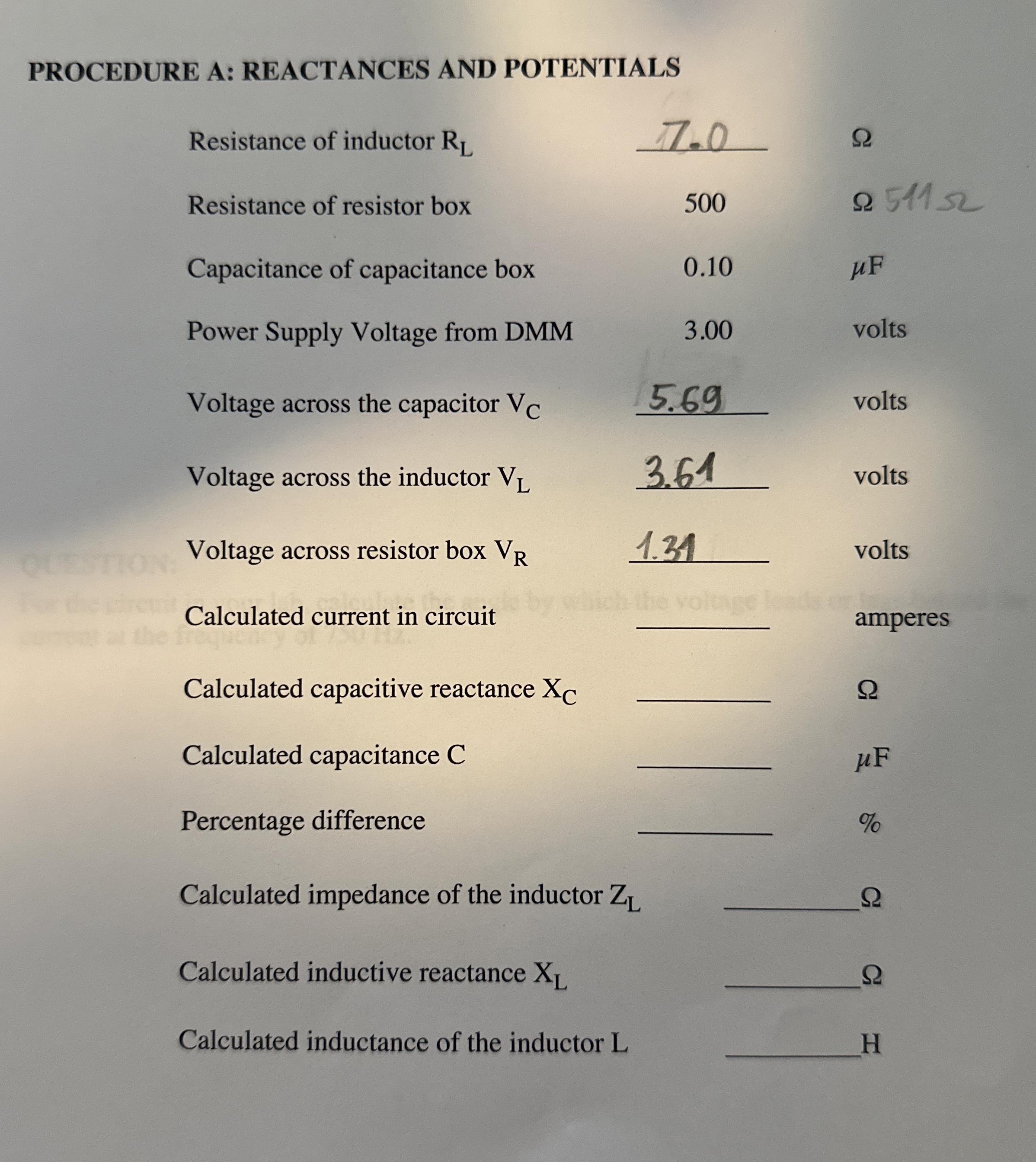 Solved PROCEDURE A: REACTANCES AND POTENTIALSPls show works. | Chegg.com