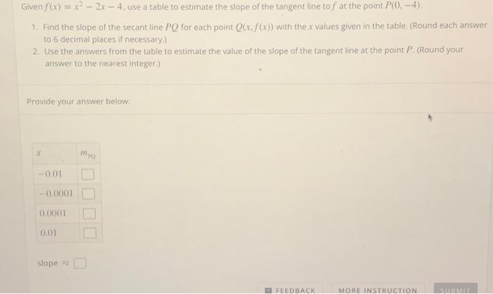 Solved Given f(x)=x2−2x−4, use a table to estimate the slope | Chegg.com