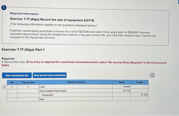 Solved Required information Exercise 7-17 (Algo) Record the | Chegg.com