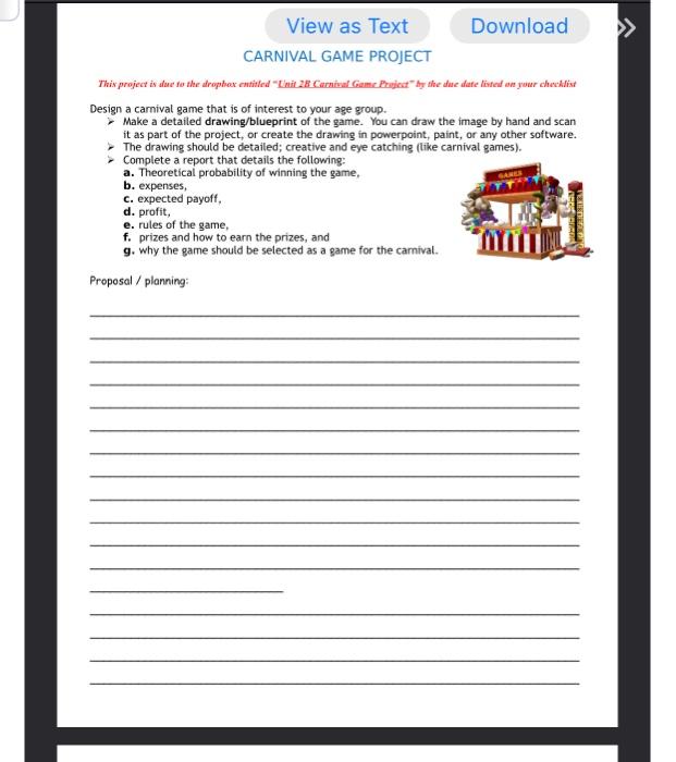 Solved View as Text Download CARNIVAL GAME PROJECT This | Chegg.com